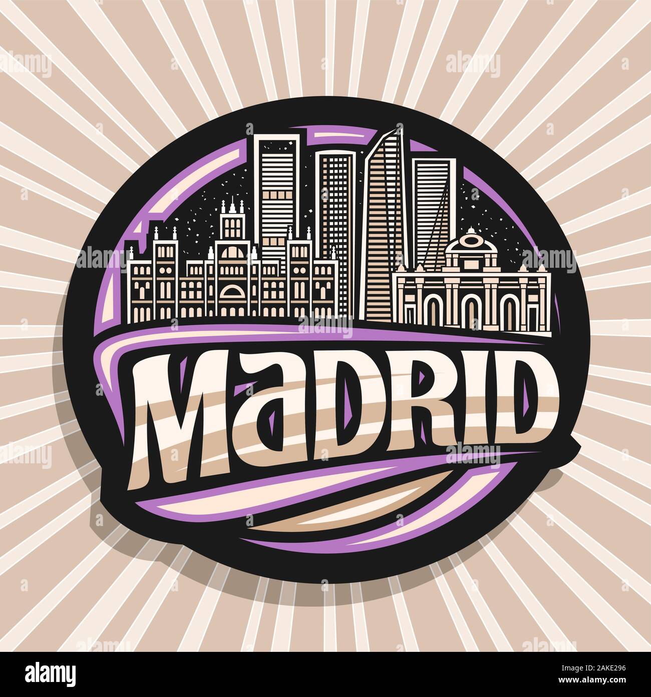 Vector logo for Madrid, black circle tag with draw illustration of ...