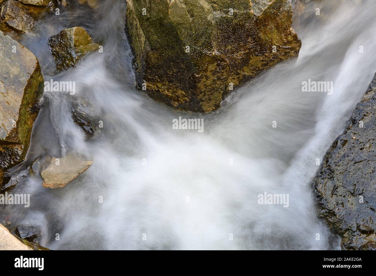 long exposure of water running to a river Stock Photo - Alamy