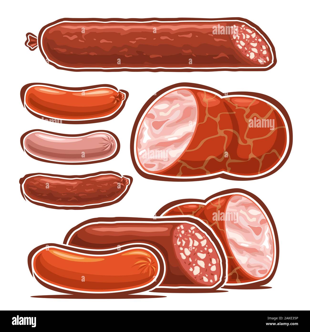 Vector set of Sausages, collection of cut out illustrations many types ...