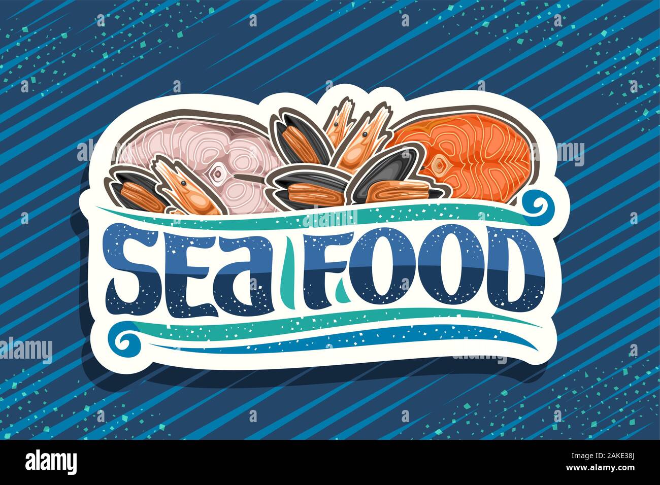 Vector logo for fresh Sea Food, white decorative sign board with ...
