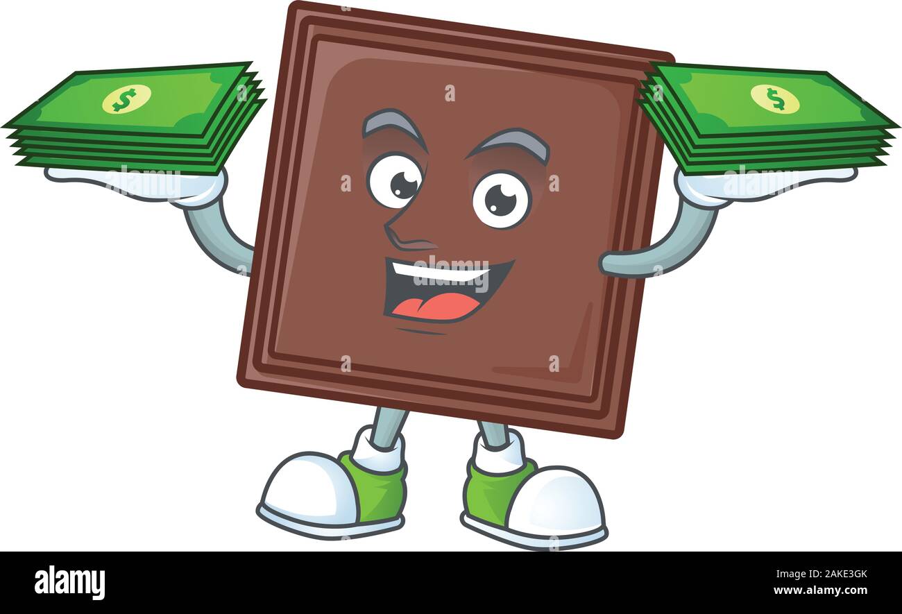 happy rich one bite chocolate bar character with money on hands Stock ...