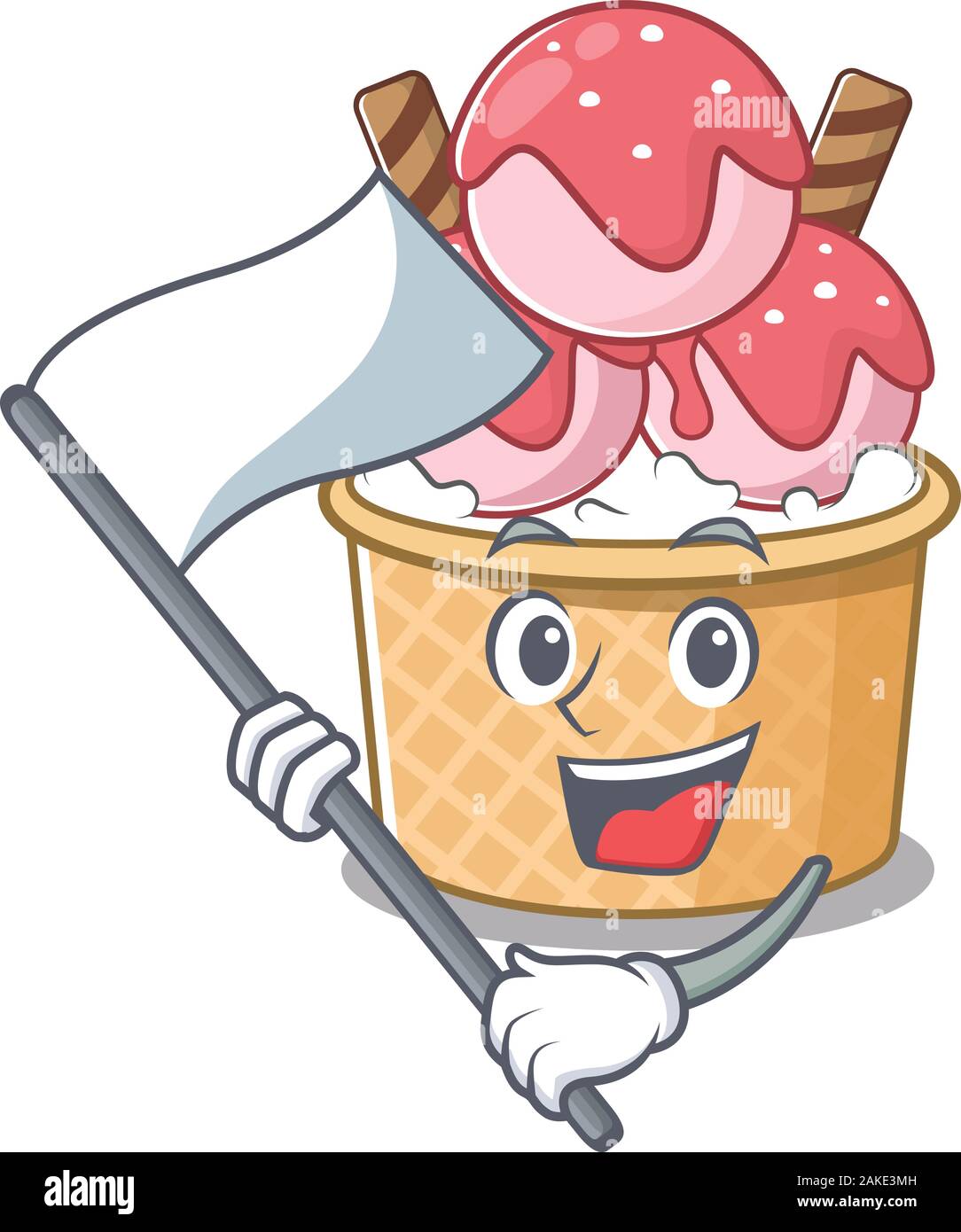 Funny ice cream sundae cartoon character style holding a standing flag ...