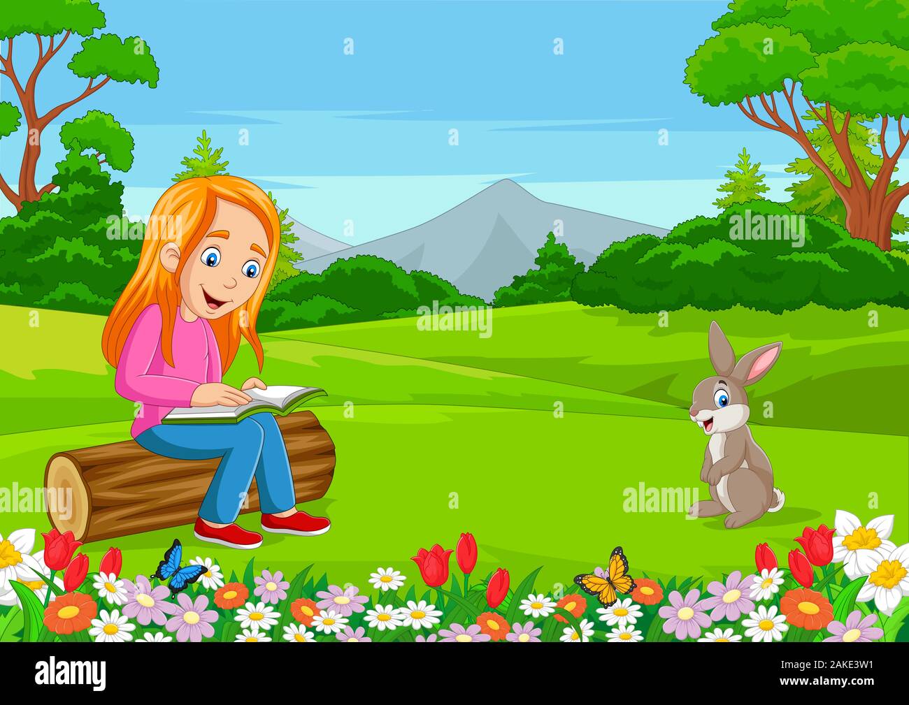 Cartoon little girl reading a book in the park Stock Vector Image & Art ...