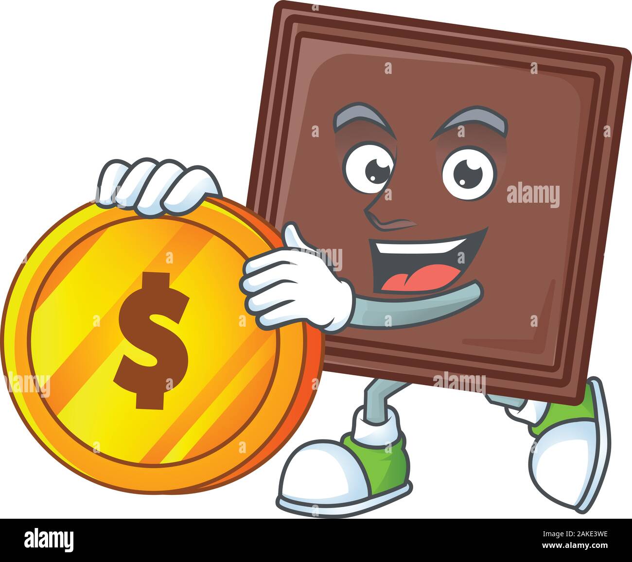 Rich one bite chocolate bar mascot cartoon design style with gold coin ...