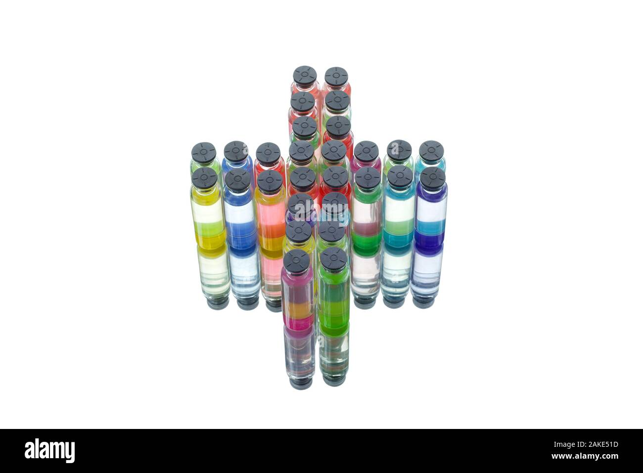 Set of laboratory flasks with a colored reagents in form medical cross ...