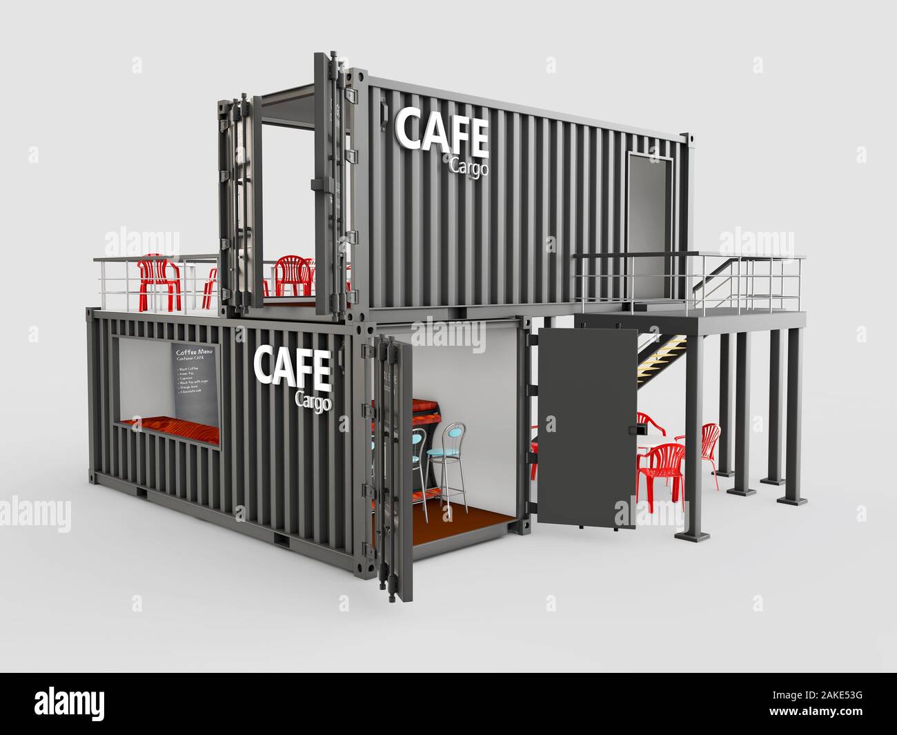 Converted old shipping container into cafe, 3d Illustration isolated ...