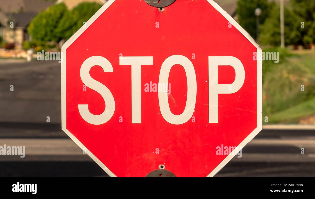 Panorama frame Selective focus of traffic Stop sign with two red flags ...
