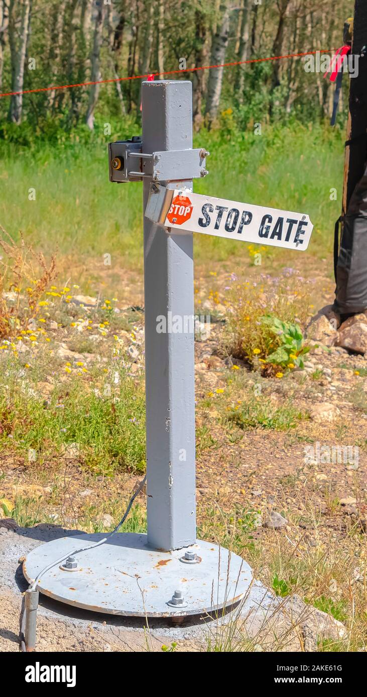Vertical frame Hiking trails views with stop gate sign in Park City ski ...