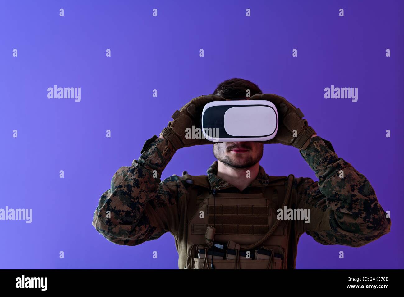 modern warfare futuristic soldier using vr virtual reality glasses on ...