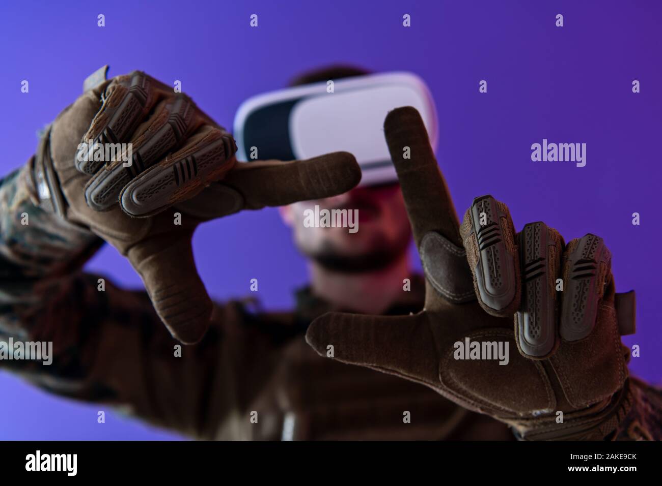 modern warfare futuristic soldier using vr virtual reality glasses on ...