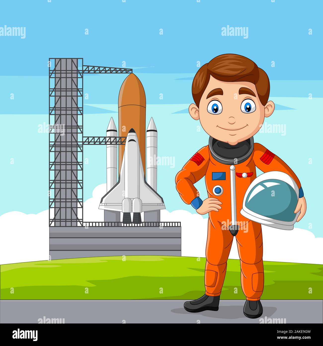 Cartoon astronaut holding helmet with spaceship ready to launch Stock ...
