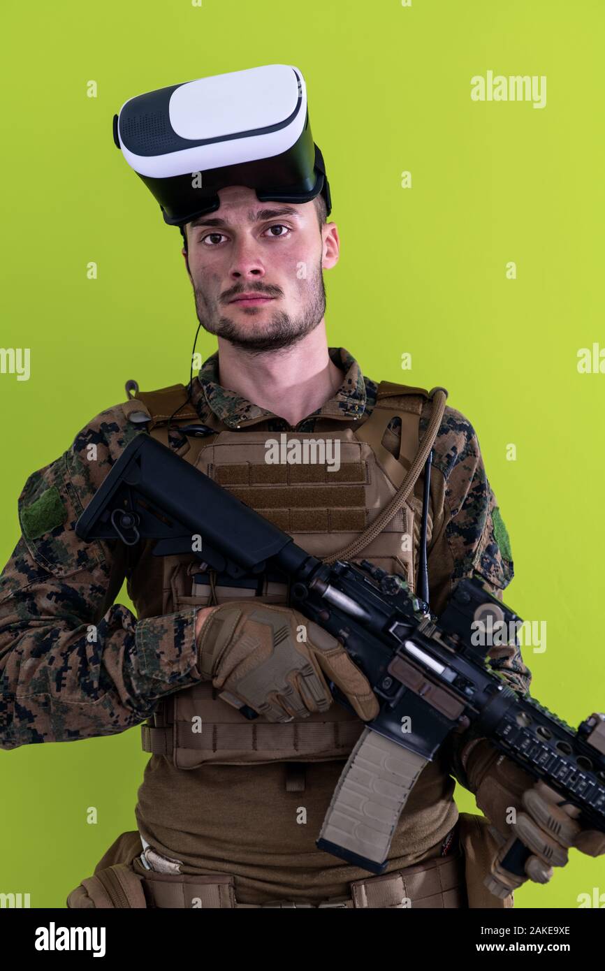 modern warfare futuristic soldier using vr virtual reality glasses for ...