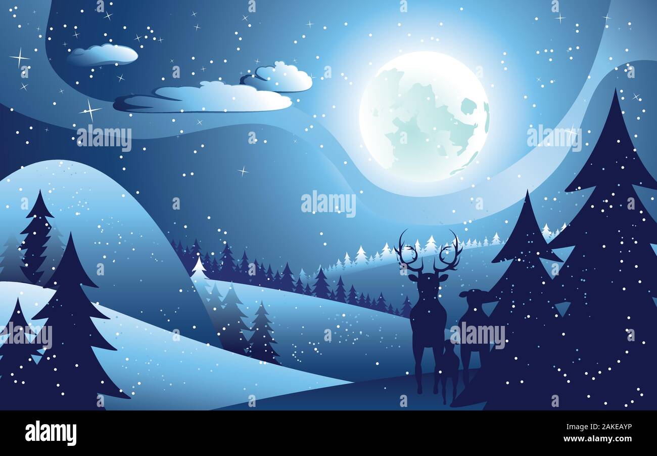 Night winter forest and family of deers, cartoon silhouettes Stock ...