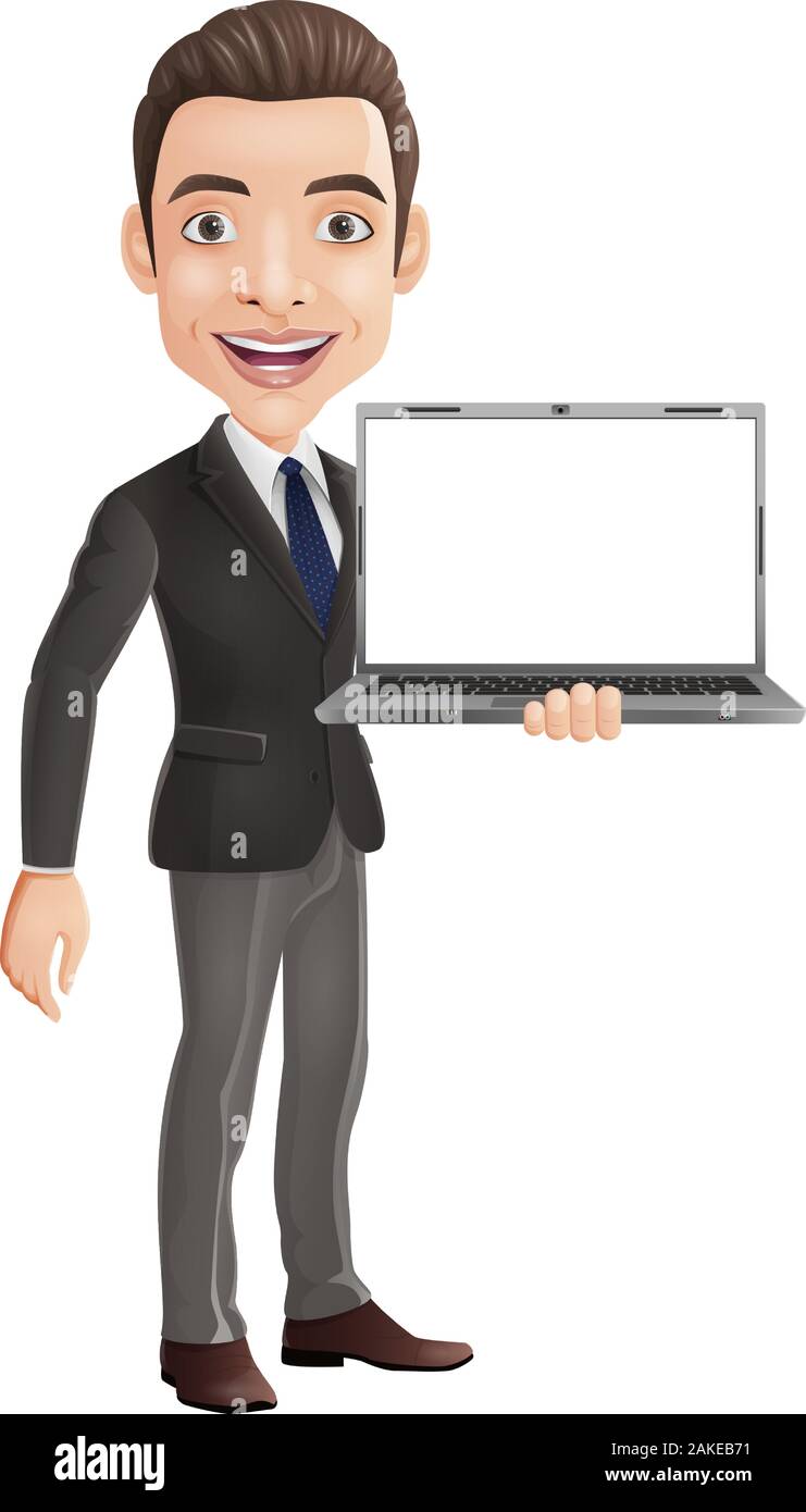 Cartoon happy young businessman holding a laptop Stock Vector Image ...