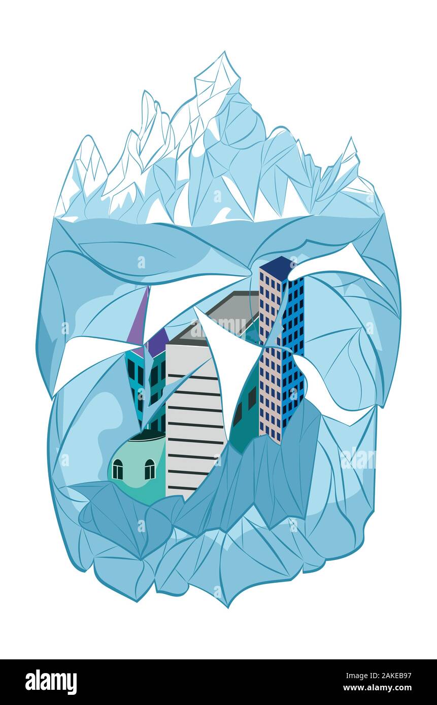 Design of a big iceberg and frozen city buildings illustration Stock ...
