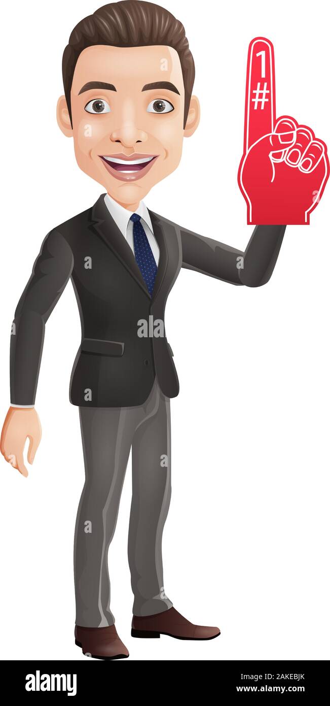 Happy businessman showing number one with foam finger Stock Vector ...