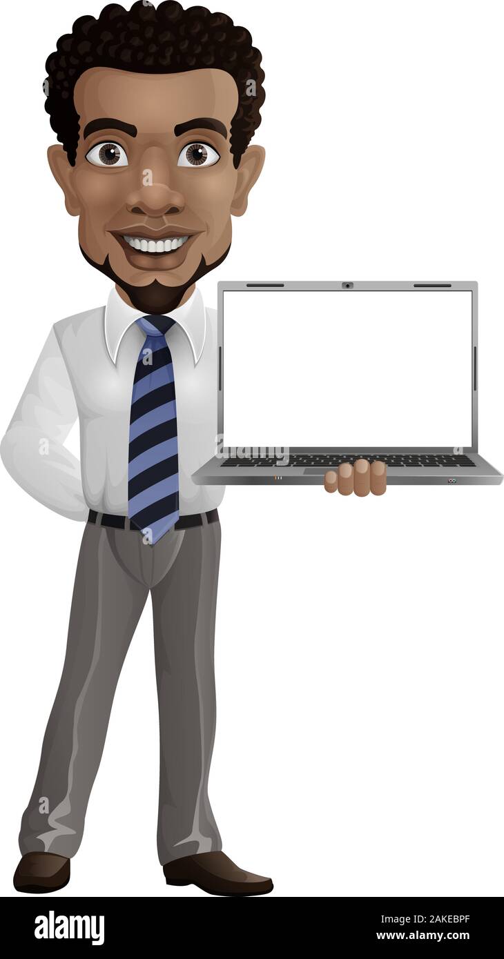 Cartoon happy businessman holding a laptop Stock Vector Image & Art - Alamy