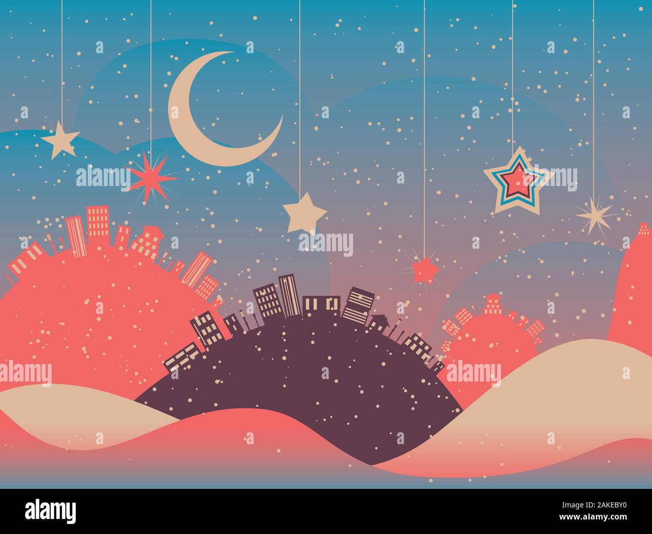 Winter night landscape with big snow hills and city Stock Vector Image ...