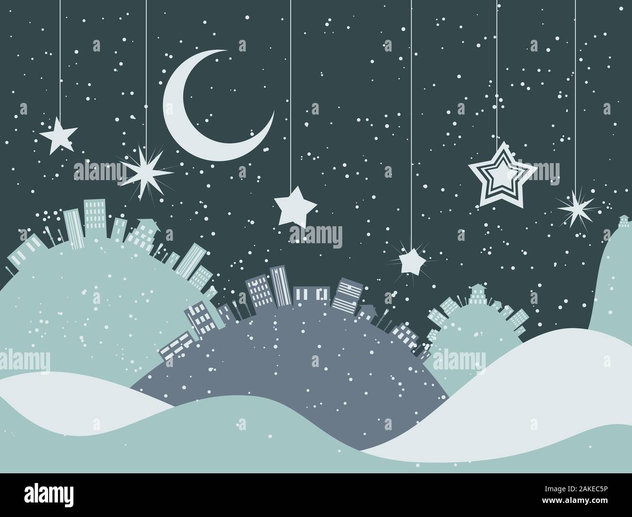 Winter night landscape with big snow hills and city Stock Vector Image ...