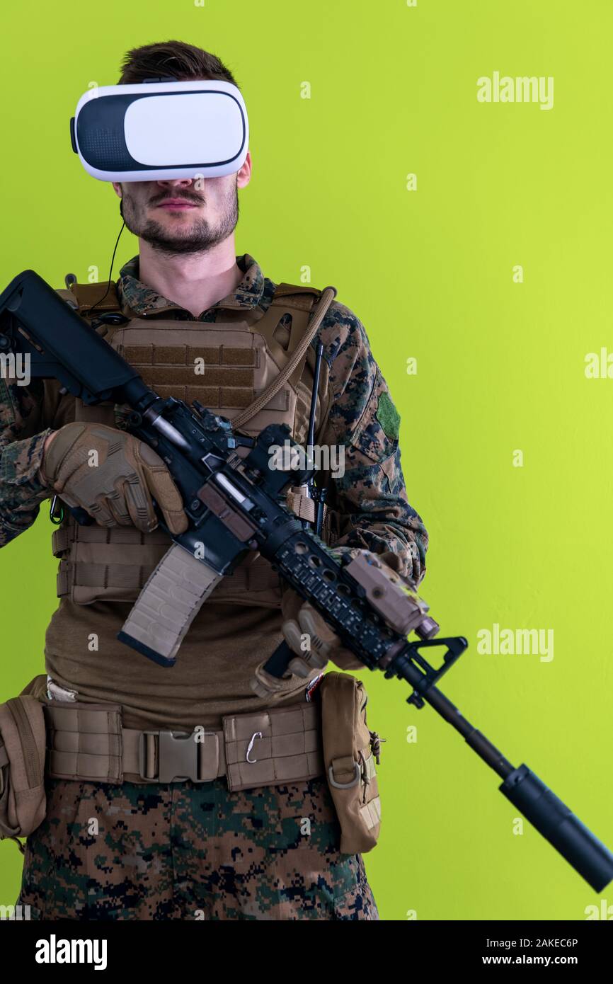 modern warfare futuristic soldier using vr virtual reality glasses for ...