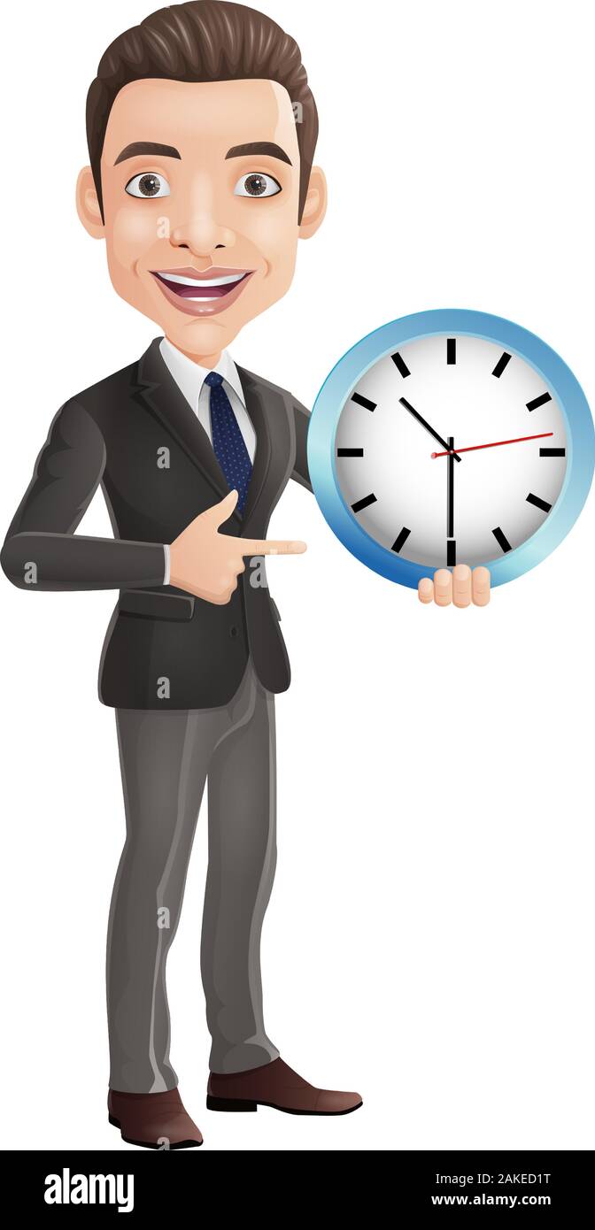 Cartoon happy young businessman holding and pointing a wall clock Stock ...
