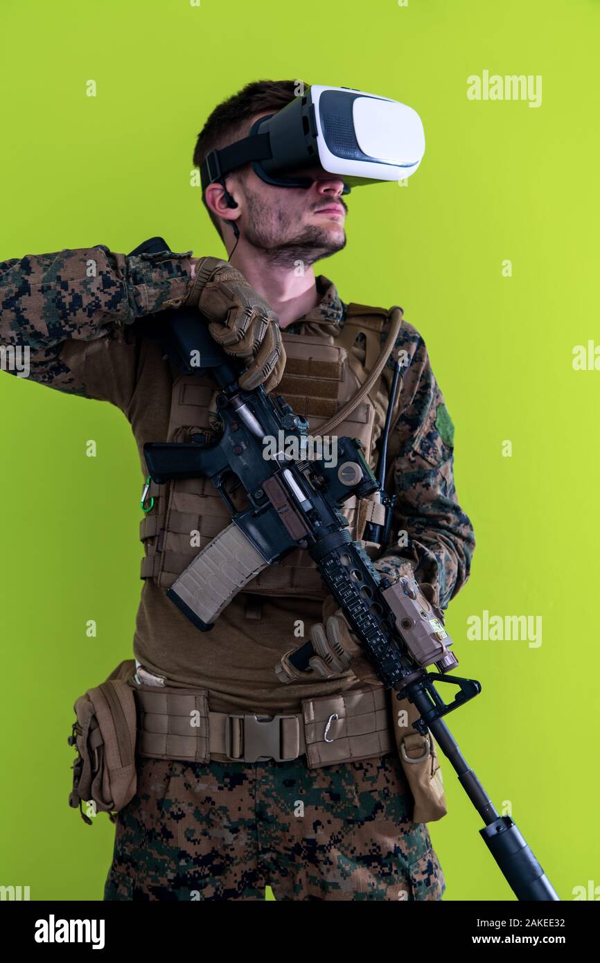 modern warfare futuristic soldier using vr virtual reality glasses for ...
