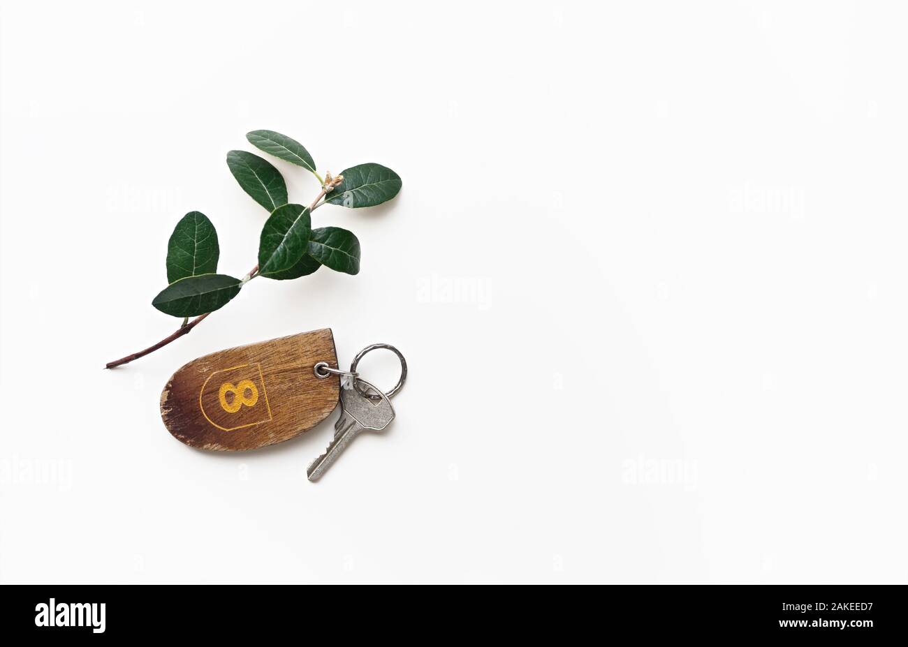 The key to the room, hotel room. The number 8 on the keychain. Old key ...