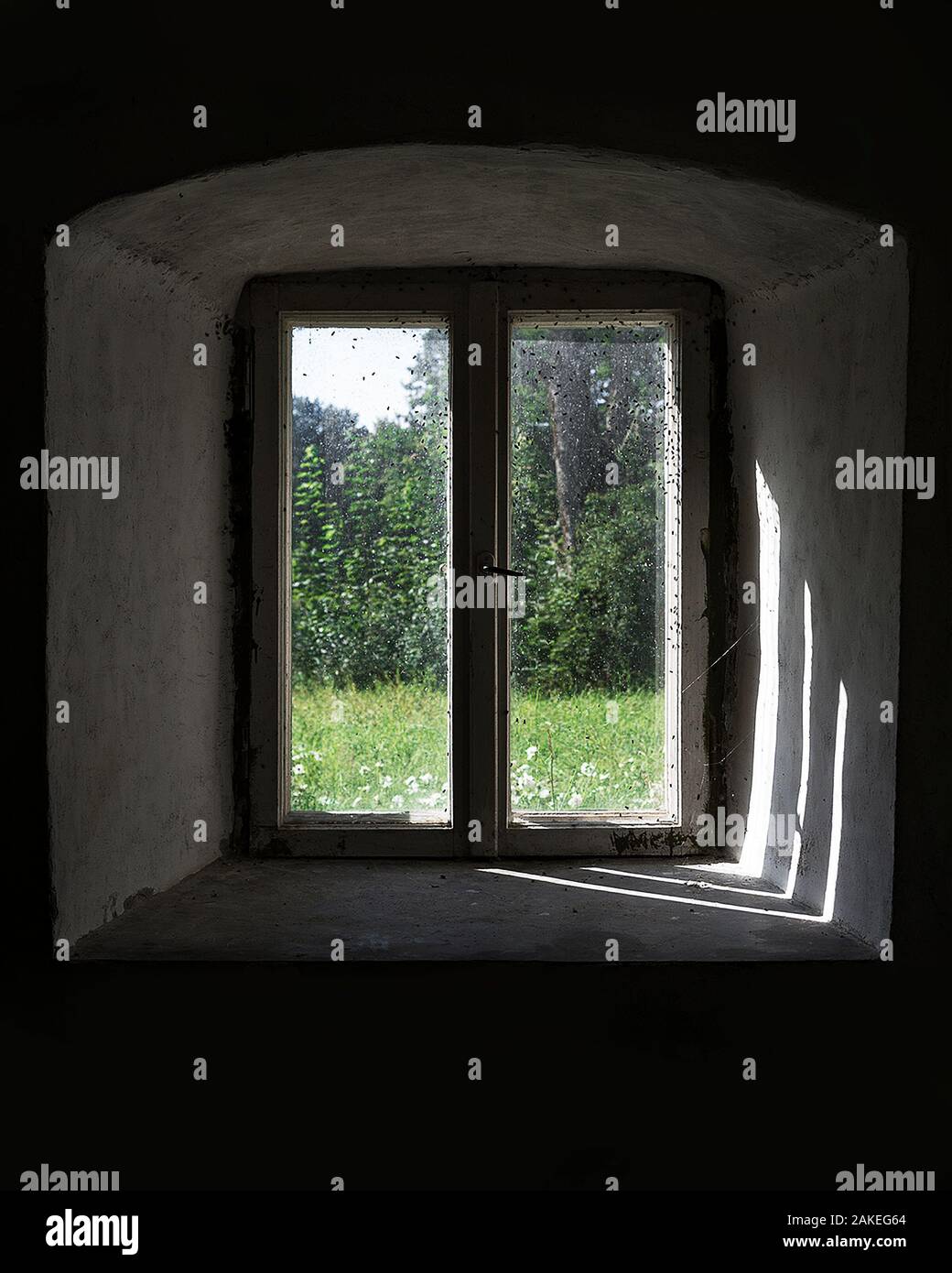 Old fashioned window in manor house with flies Stock Photo - Alamy