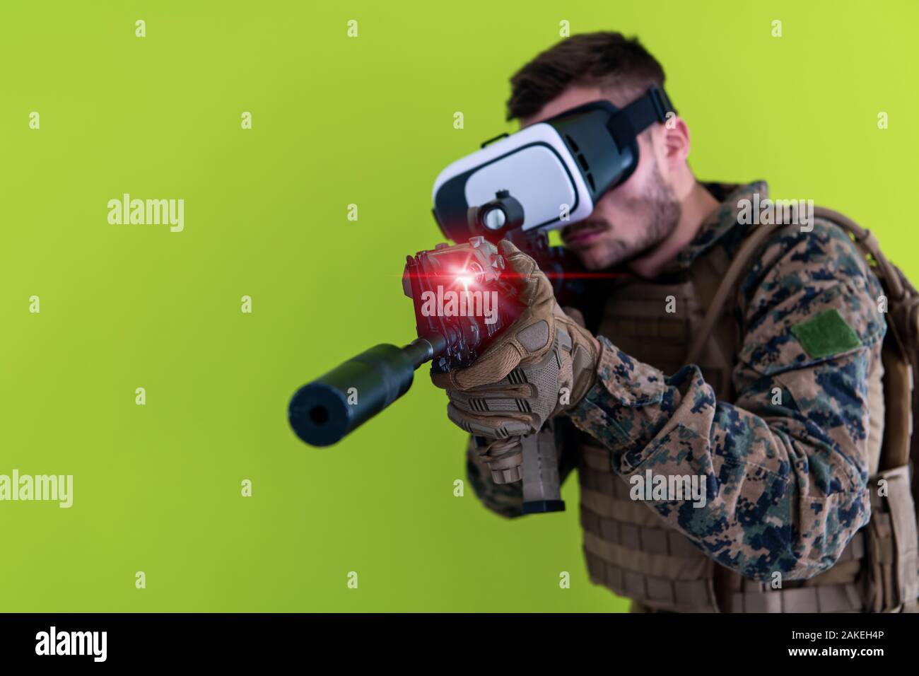 modern warfare futuristic soldier using vr virtual reality glasses for ...
