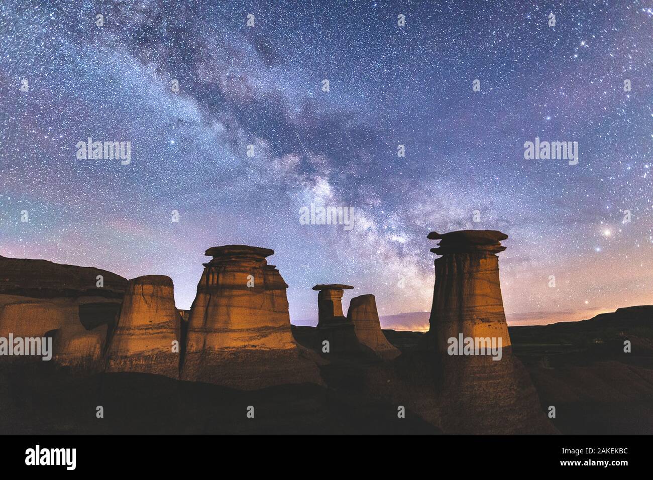 Milky-way over hoodoo rock formations in the Canadian badlands ...