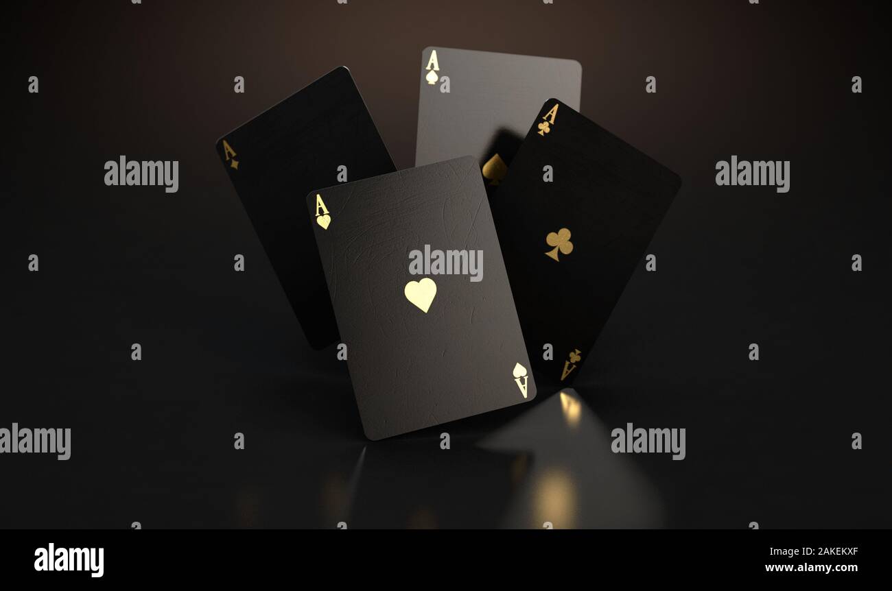 A set of four reflective black casino ace cards with gold markings ...