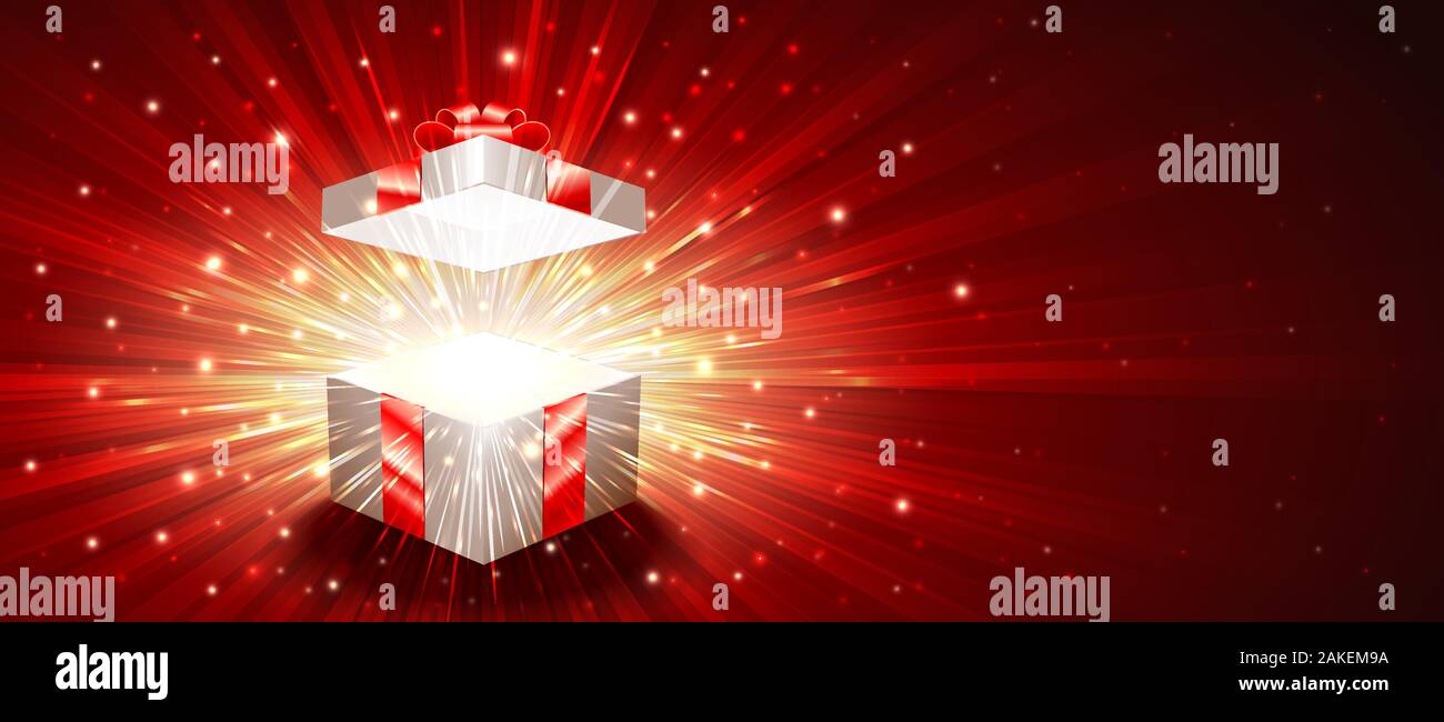Open gift box with a shining exploding firework of glitters and radial ...
