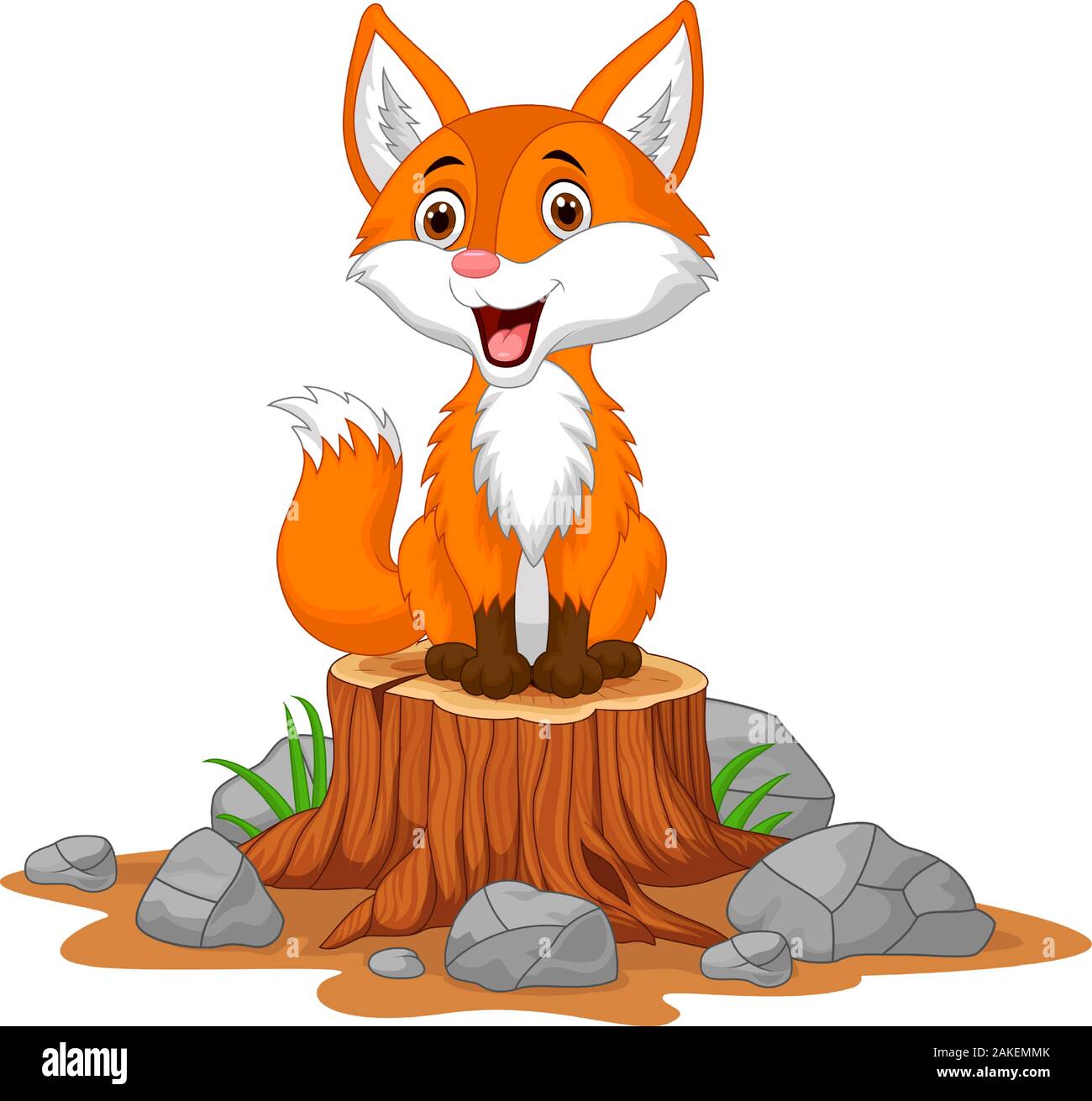 Cartoon happy fox sitting on tree stump Stock Vector Image & Art - Alamy