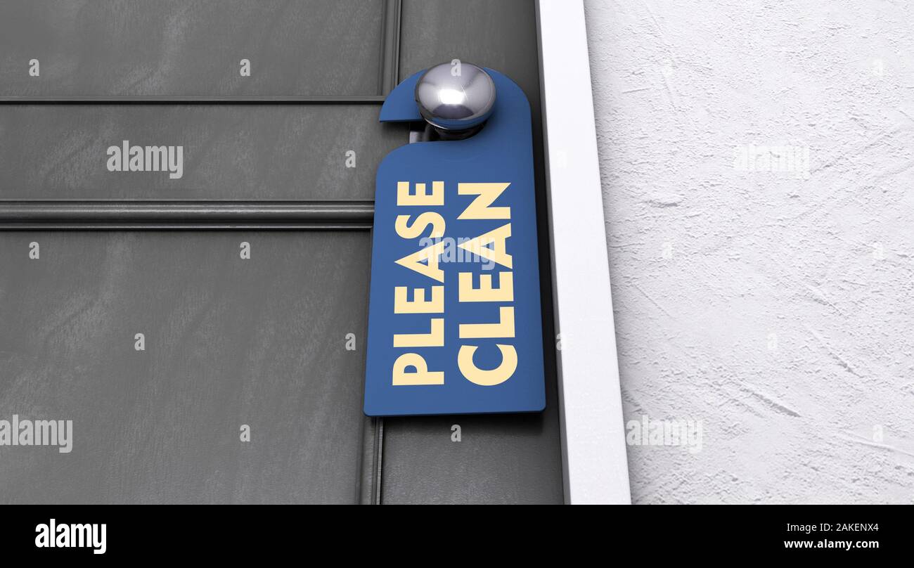 A closed black hotel room door with a blue sign saying please clean ...