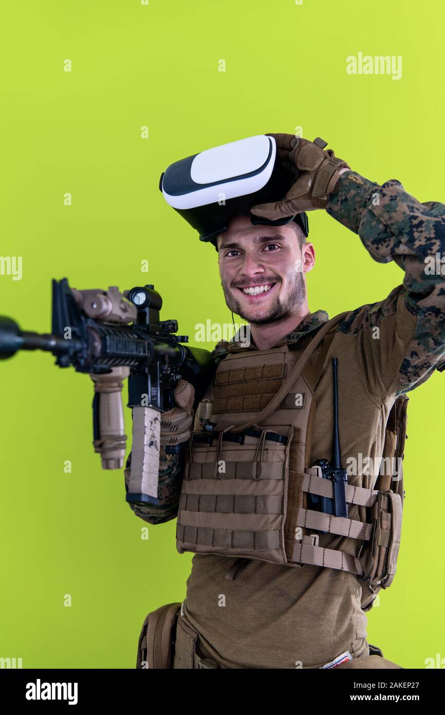 modern warfare futuristic soldier using vr virtual reality glasses for ...