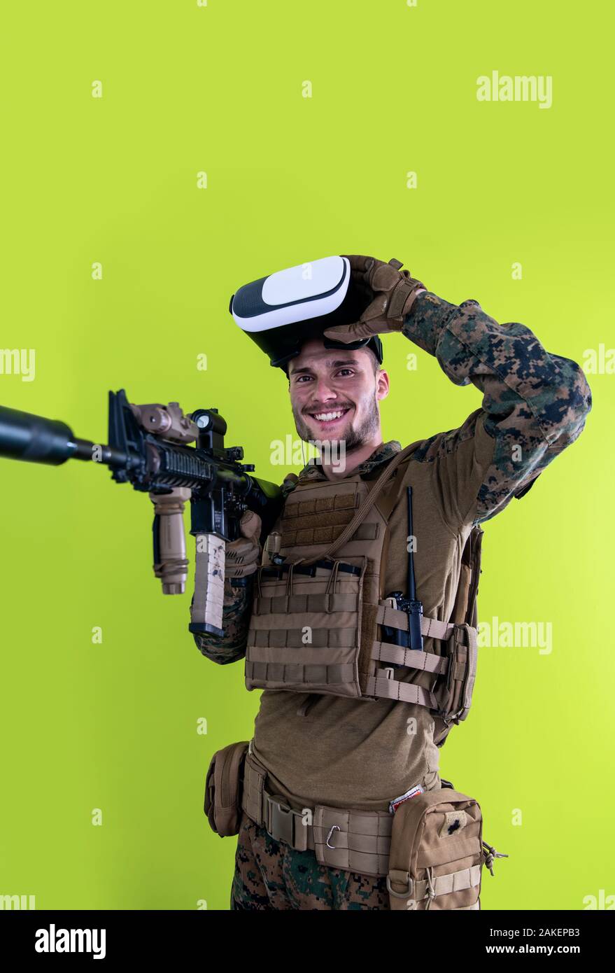 modern warfare futuristic soldier using vr virtual reality glasses for ...