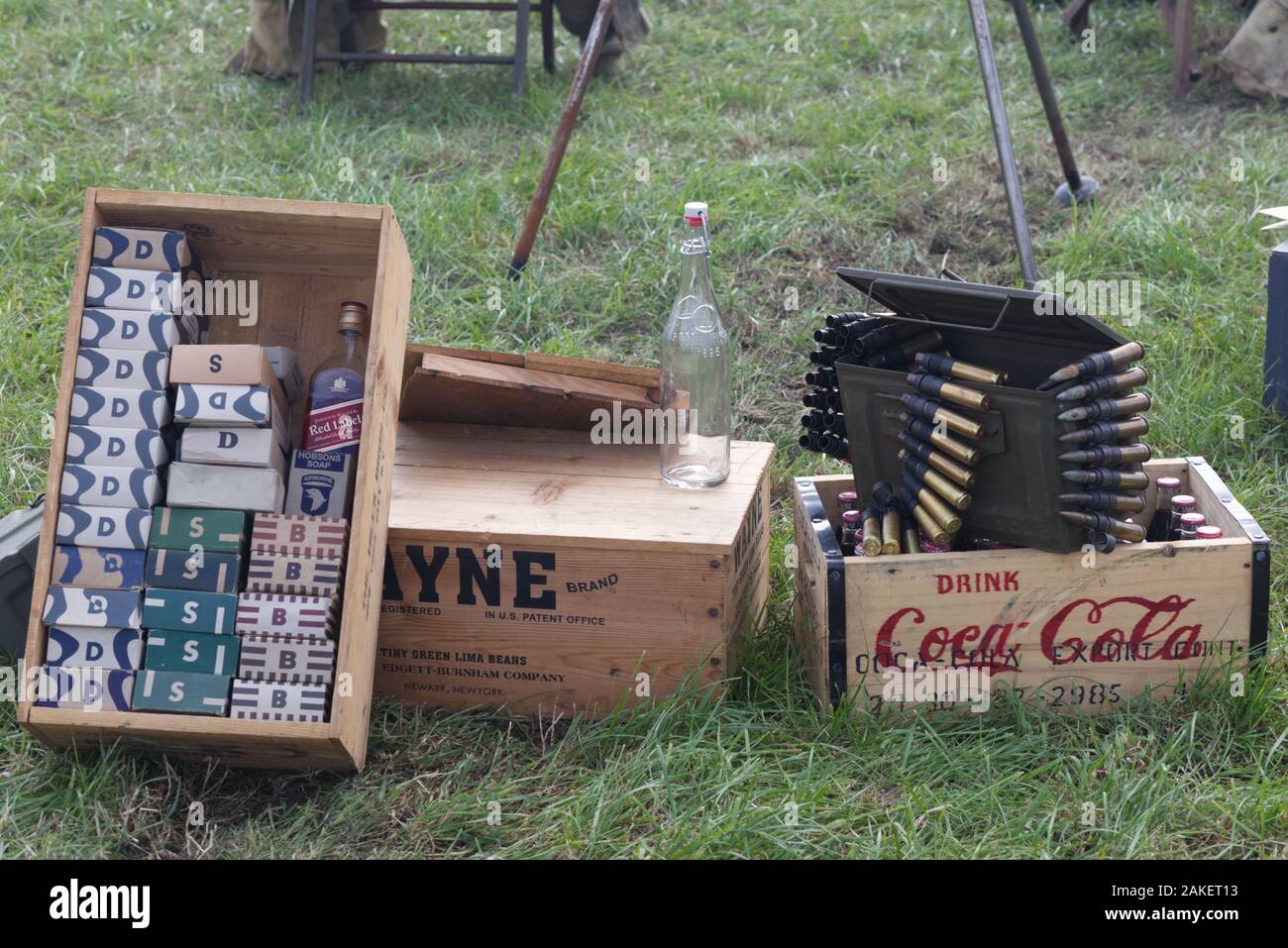 red label whiskey, bullets belts, wooden crate filled with green lima ...