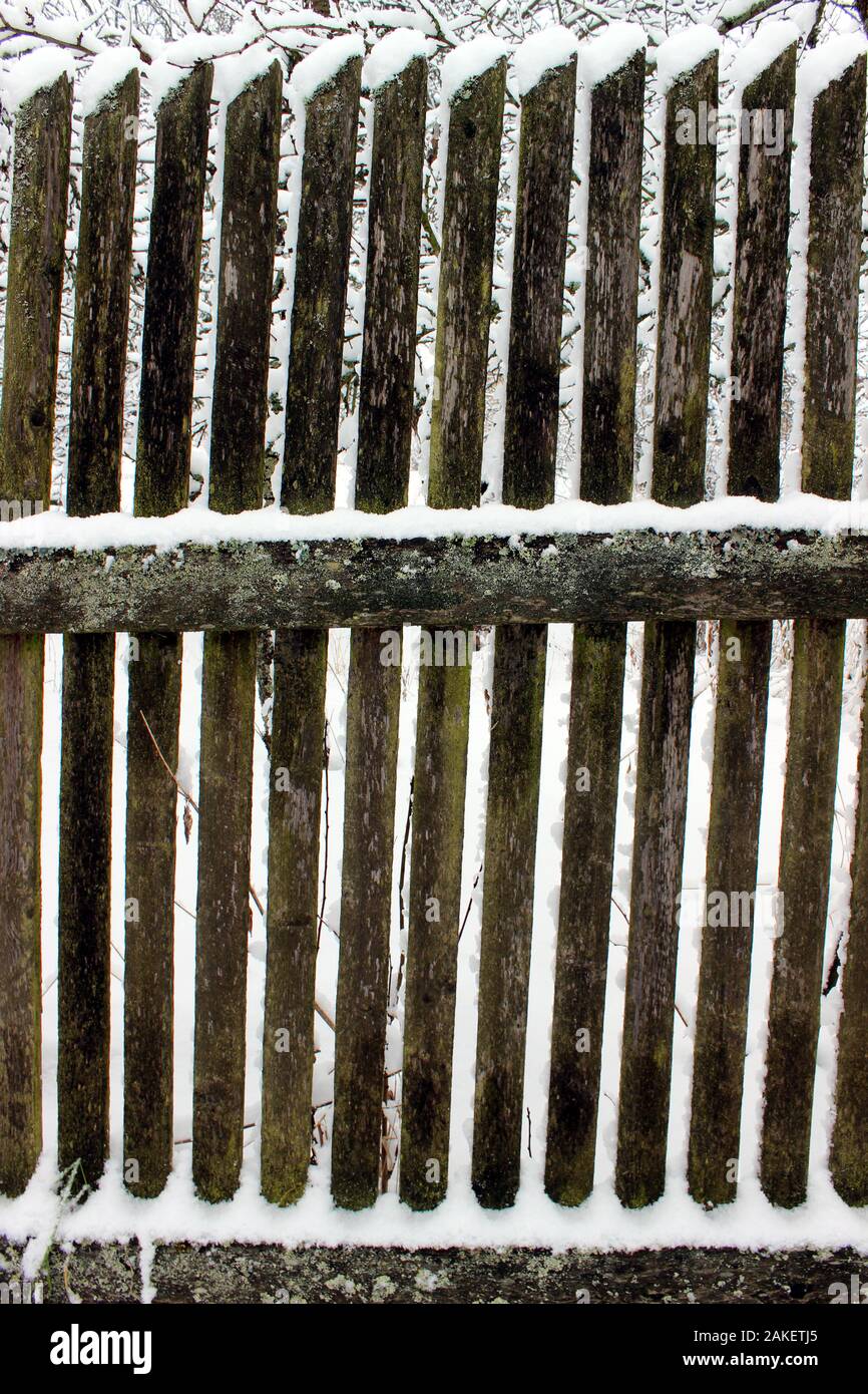 Background with snowy wooden fence Stock Photo - Alamy