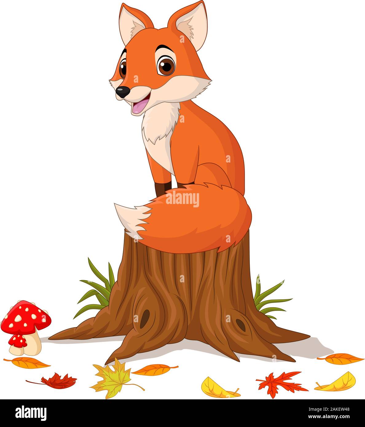 Cartoon happy fox sitting on tree stump Stock Vector Image & Art - Alamy