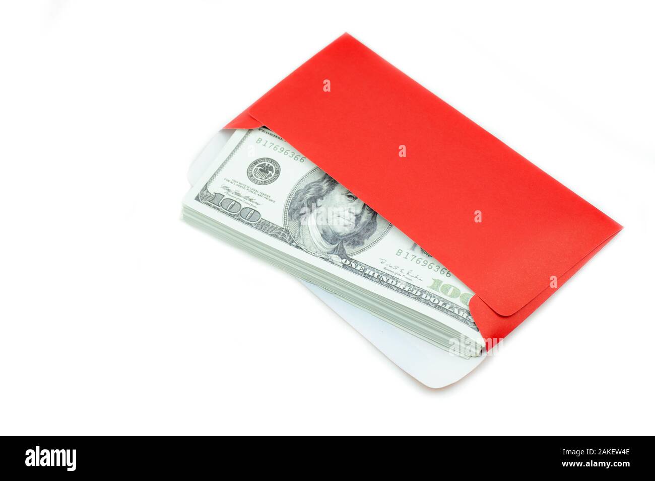 Money 100 Us dollar bills in a red envelope at white background, The ...
