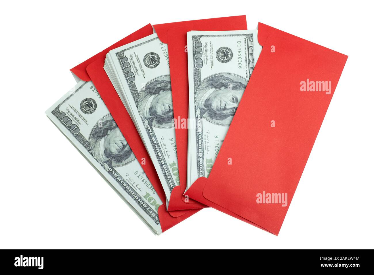 Money 100 Us dollar bills in a red envelope at white background, The ...
