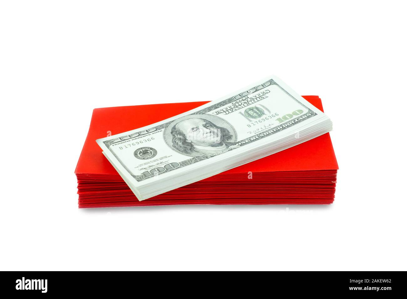 Money 100 Us dollar bills in a red envelope at white background, The ...
