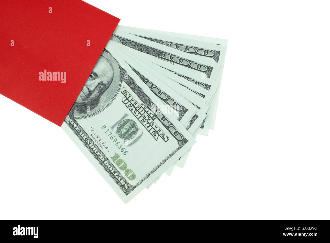 Money 100 Us dollar bills in a red envelope at white background, The ...