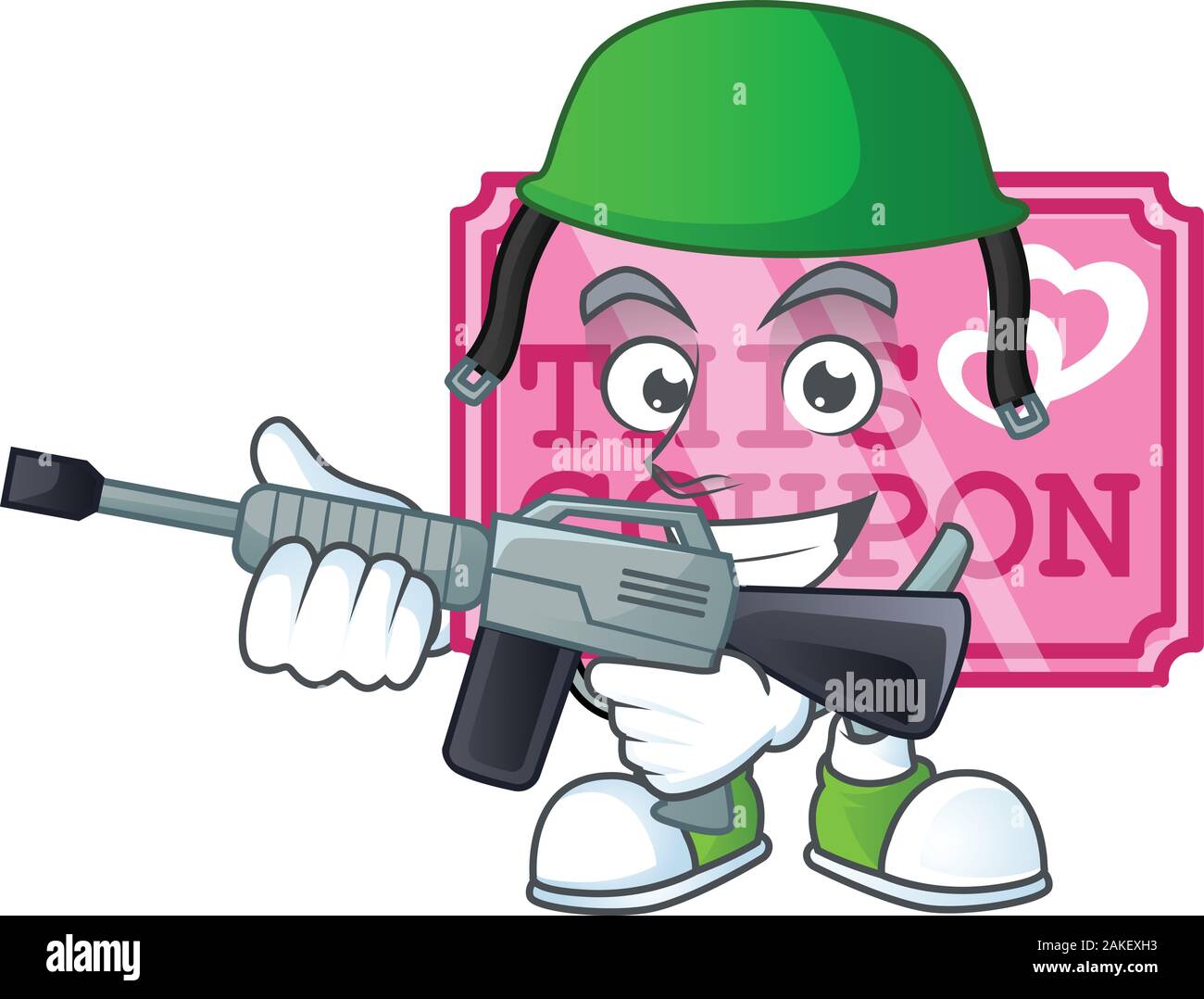 Pink love coupon carton character in an Army uniform with machine gun ...