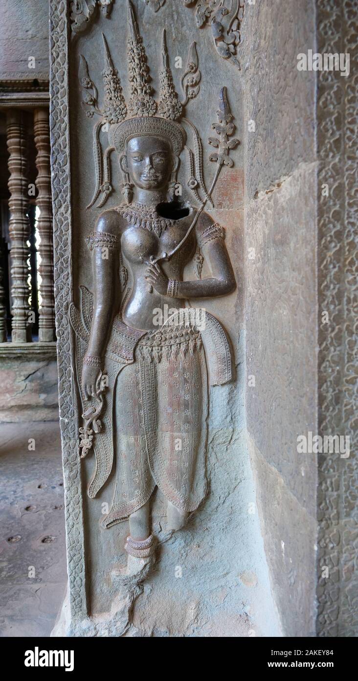 Stone rock carving art decoration ruin of ancient temple complex Angkor ...