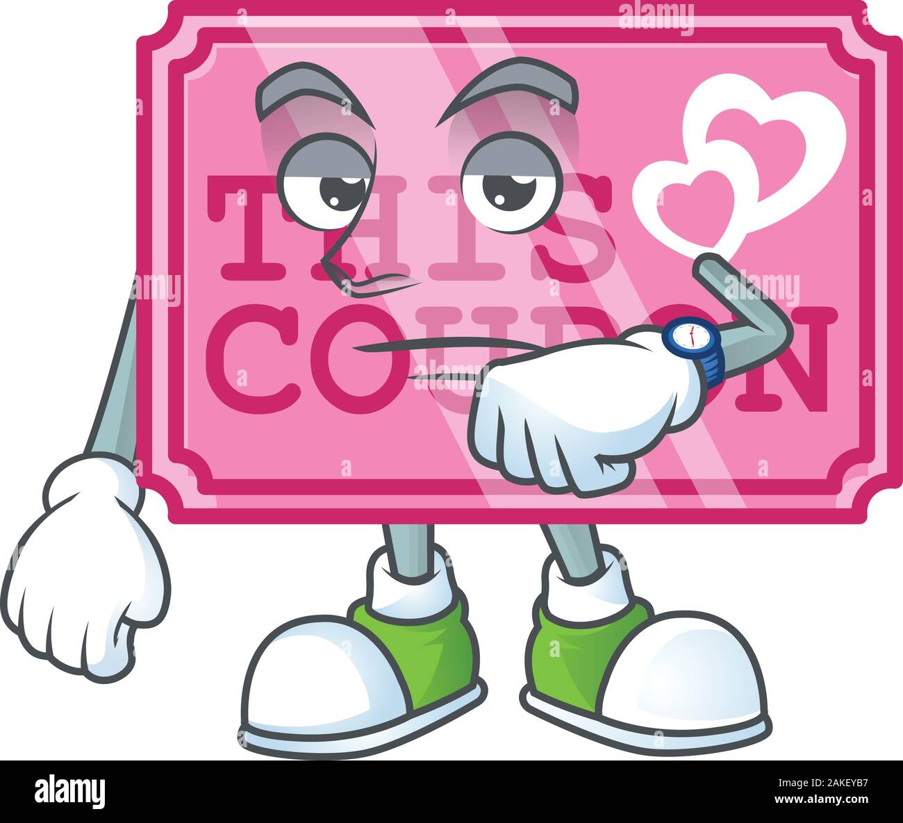 cartoon character design of pink love coupon on a waiting gesture Stock ...