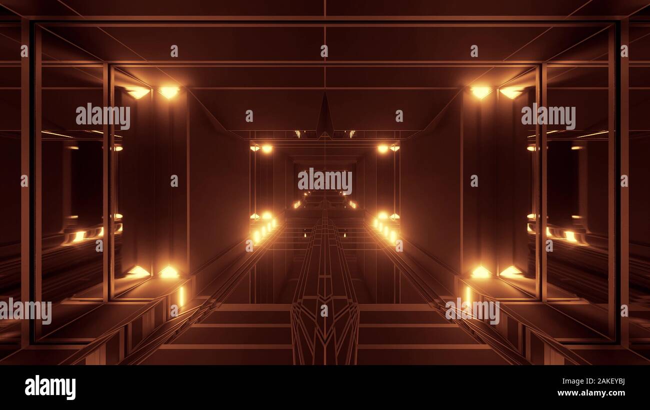 dark atmospheric science-fiction tunnel corridor with glowing lights ...