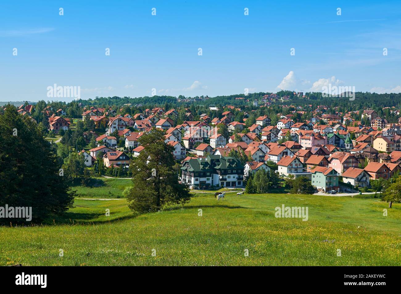 Panorama of a center of Zlatibor village, Serbia Stock Photo - Alamy