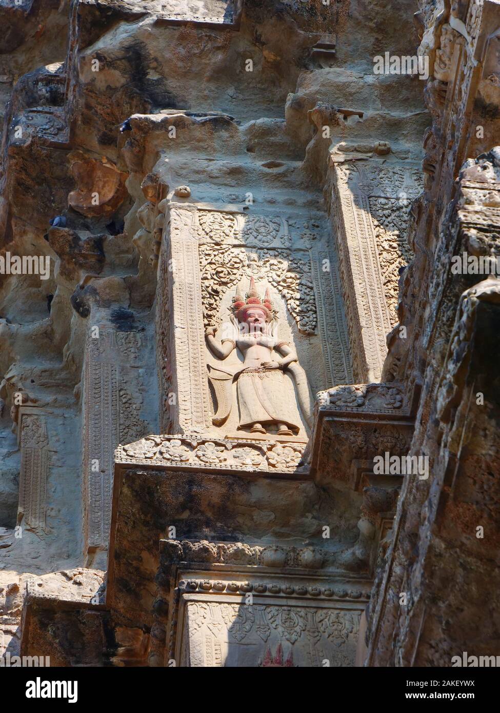 Stone rock carving art decoration ruin of ancient temple complex Angkor ...