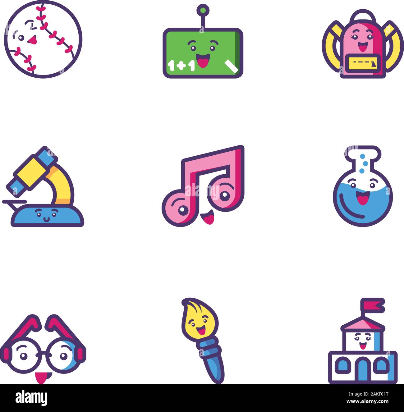 Icon set cartoons design, Kawaii school expression cute character funny ...